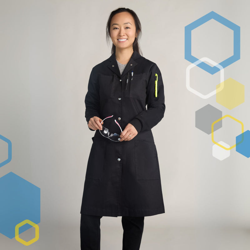 The "Curie" Women's Black Cotton Scientist Lab Coat - Genius Lab Gear